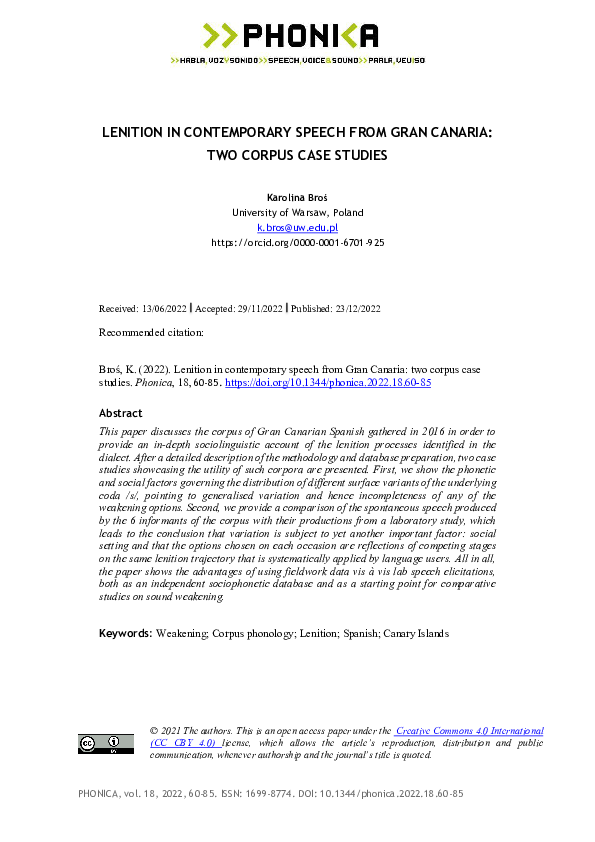 (PDF) Lenition in contemporary speech from Gran Canaria: two corpus ...