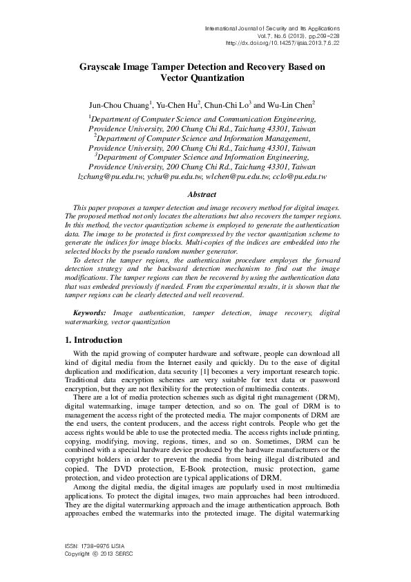 Pdf Grayscale Image Tamper Detection And Recovery Based On Vector Quantization Yu Chen Hu 8837