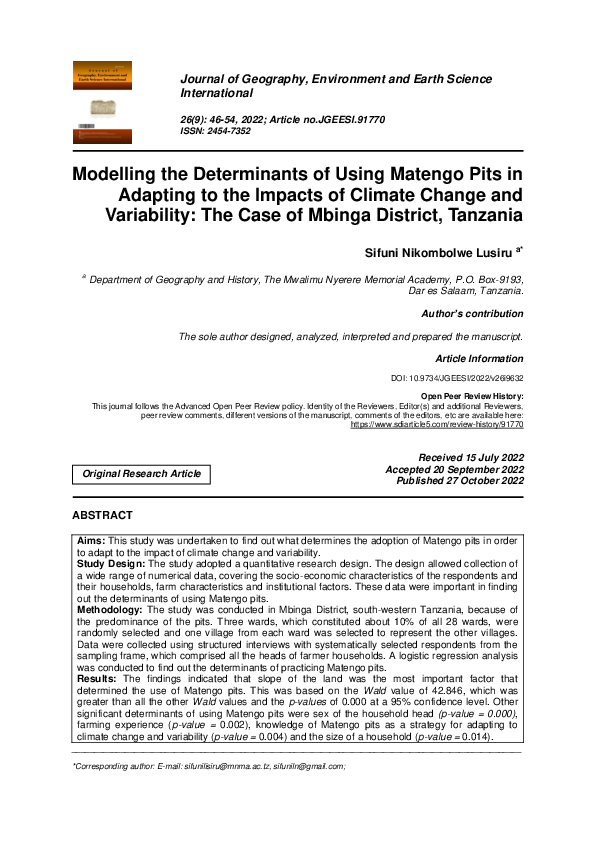 (PDF) Modelling the Determinants of Using Matengo Pits in Adapting to ...