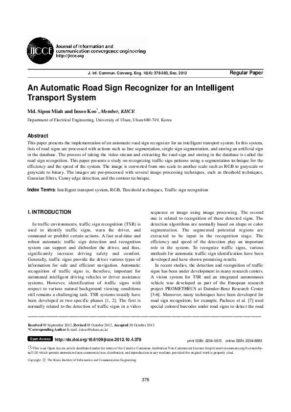 (PDF) An Automatic Road Sign Recognizer for an Intelligent Transport System