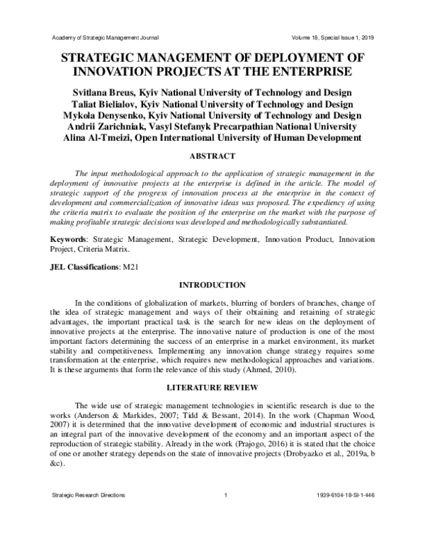 (PDF) Strategic Management of Deployment of Innovation Projects at the ...