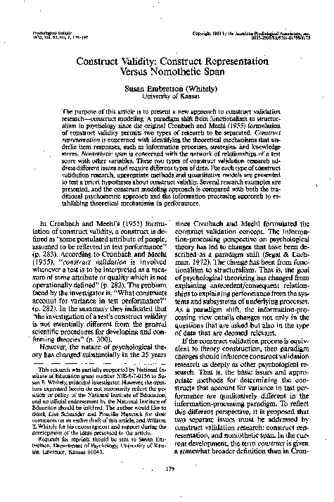 (PDF) Construct Validity: Construct Representation Versus Nomothetic Span