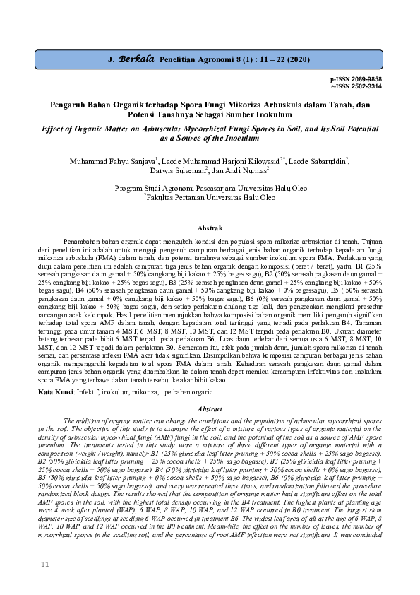 (PDF) Pengaruh Bahan Organik terhadap Spora Fungi Mikoriza Arbuskula dalam Tanah, dan Potensi ...
