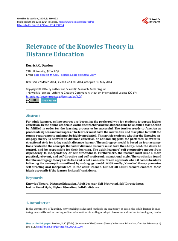 (PDF) Relevance of the Knowles Theory in Distance Education