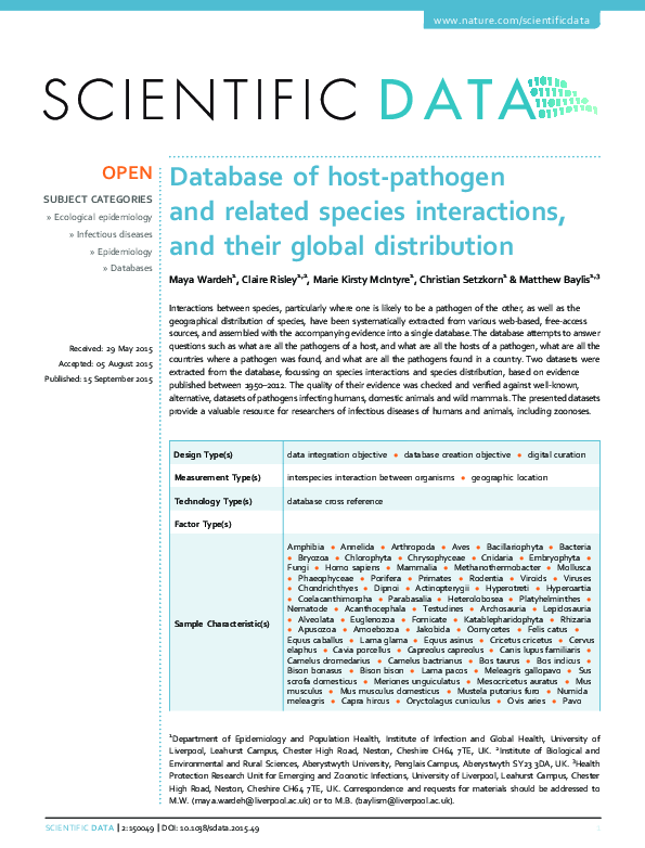 (PDF) Database of host-pathogen and related species interactions, and their global distribution