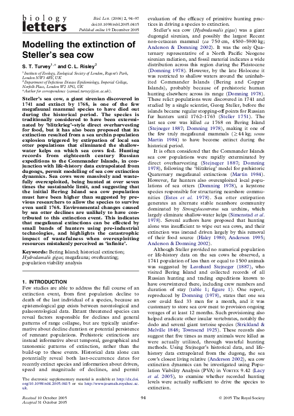 (PDF) Modelling the extinction of Steller's sea cow