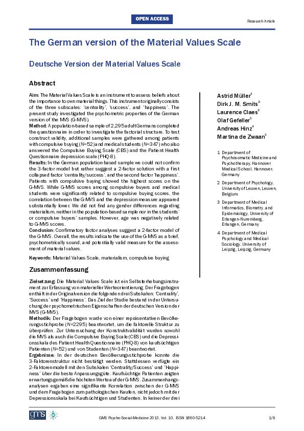 (PDF) The German version of the Material Values Scale