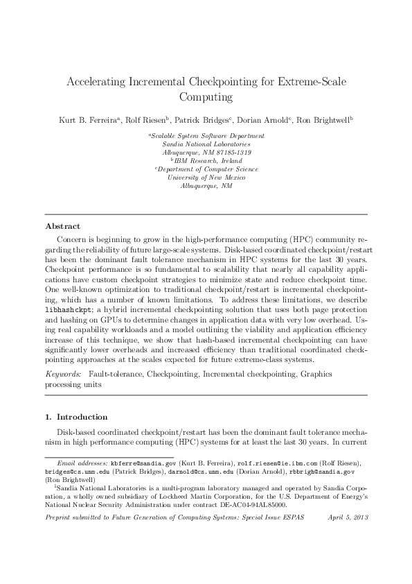 Pdf Efficient Incremental Checkpointing For Hpc