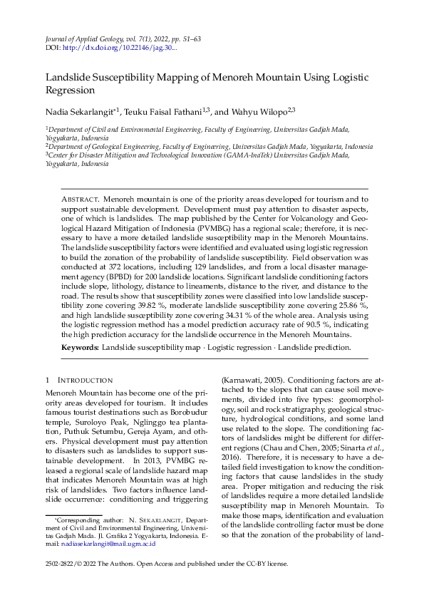 (PDF) Landslide Susceptibility Mapping of Menoreh Mountain Using Logistic Regression | Wahyu ...