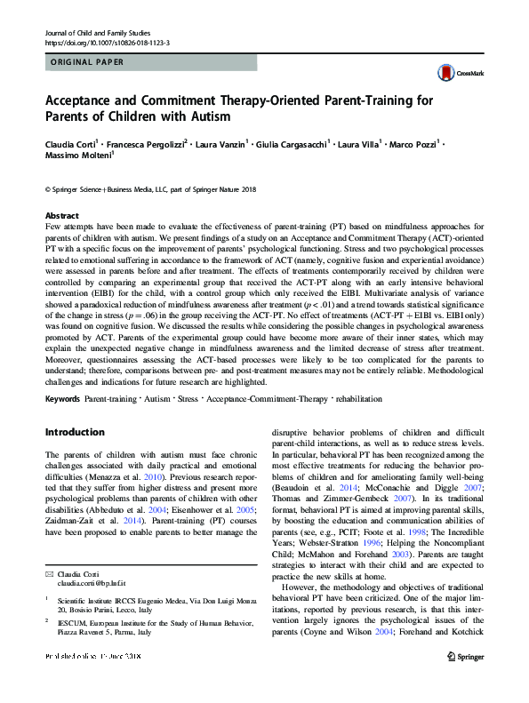 (PDF) Acceptance and Commitment Therapy-Oriented Parent-Training for Parents of Children with Autism