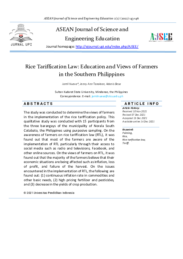 (PDF) Rice Tariffication Law: Education and Views of Farmers in the Southern Philippines