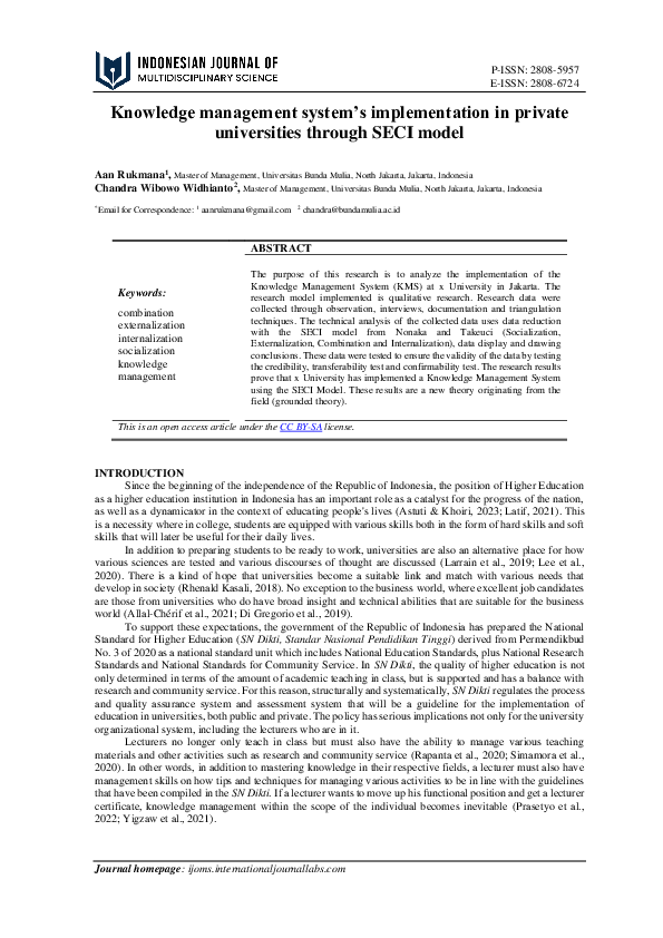 (PDF) Knowledge management system’s implementation in private universities through SECI model