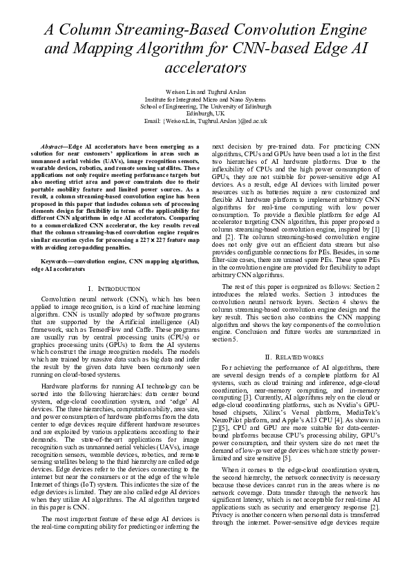 Pdf A Column Streaming Based Convolution Engine And Mapping Algorithm For Cnn Based Edge Ai