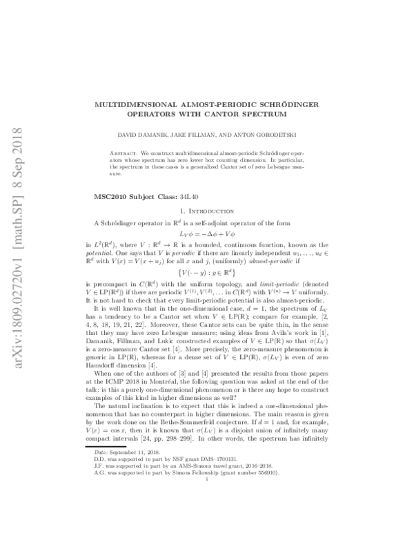 Pdf Multidimensional Almost Periodic Schrödinger Operators With Cantor Spectrum