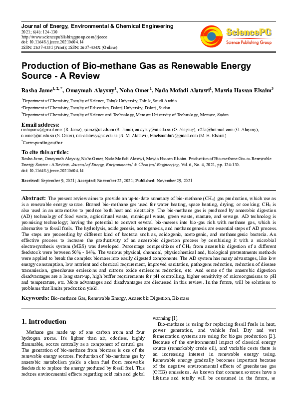 (PDF) Production of Bio-methane Gas as Renewable Energy Source - A Review