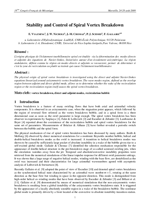 (PDF) Stability and Control of Spiral Vortex Breakdown