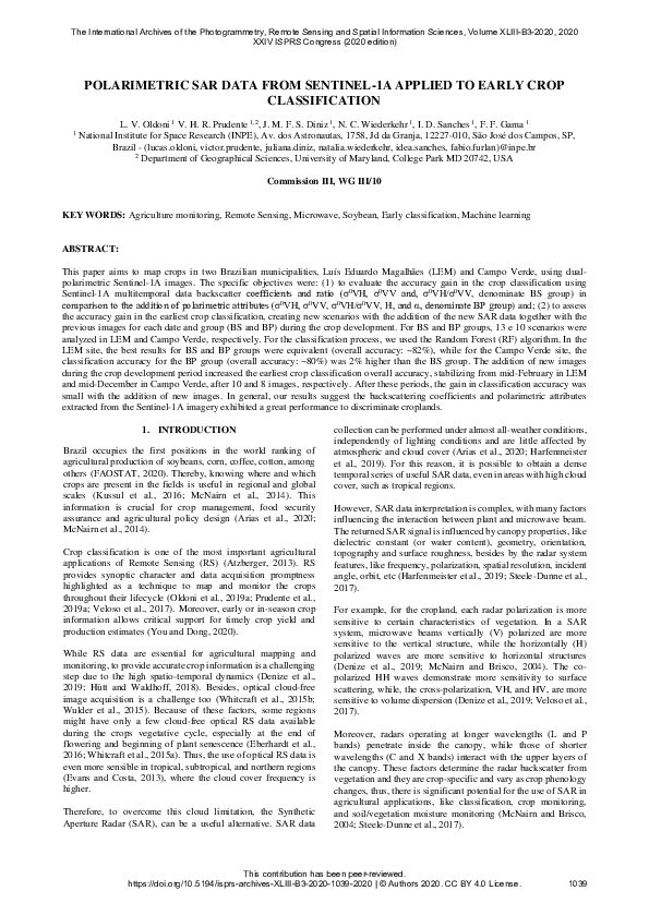(PDF) Polarimetric Sar Data from SENTINEL-1A Applied to Early Crop Classification