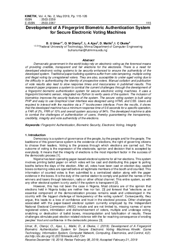 (PDF) Development of A Fingerprint Biometric Authentication System For Secure Electronic Voting ...