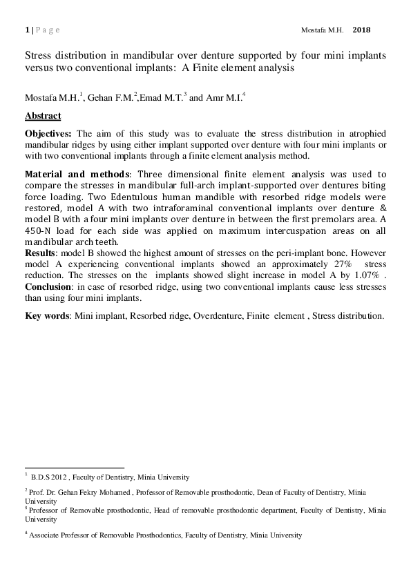 Pdf Stress Distribution In Mandibular Over Denture Supported By Four Mini Implants Versus Two