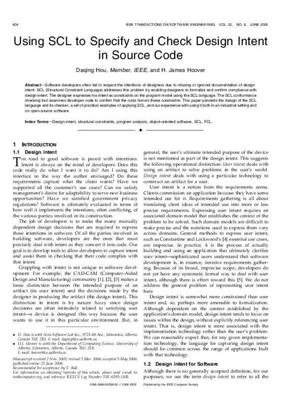 (PDF) Using SCL to specify and check design intent in source code | Daqing Hou - Academia.edu