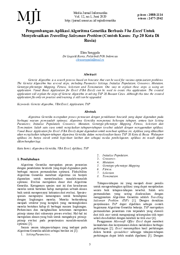 Pdf Pengembangan Aplikasi Algoritma Genetika Berbasis Vba Excel Untuk