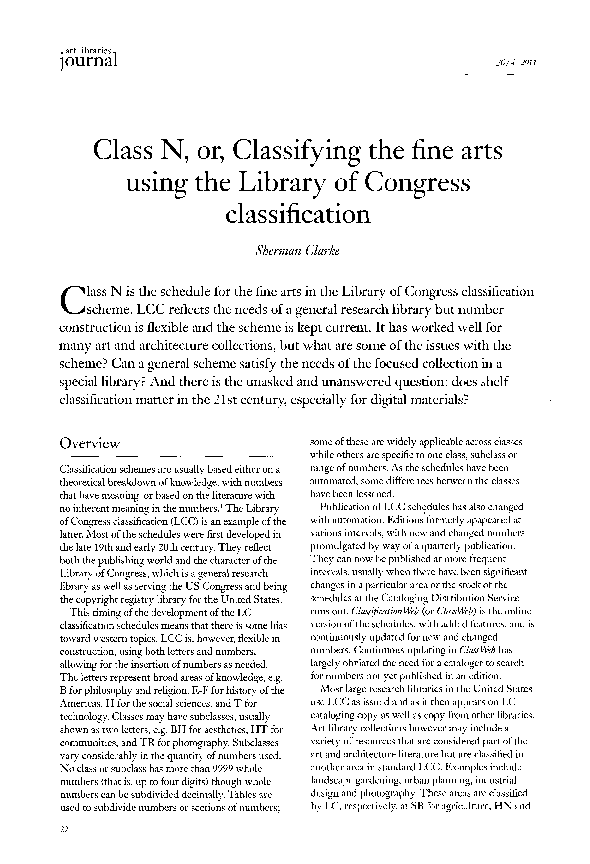 (PDF) Class N, or, Classifying the fine arts using the Library of ...