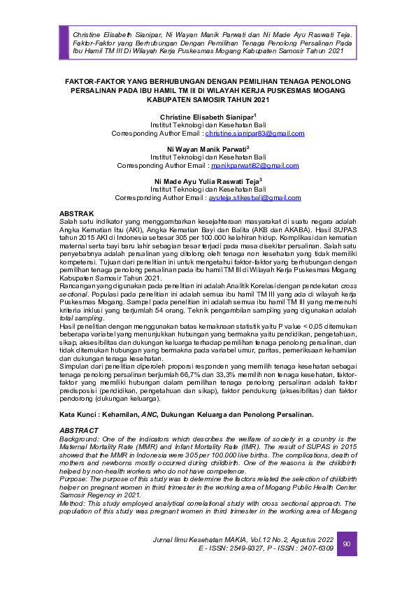 (PDF) Faktor-Faktor Yang Berhubungan Dengan Pemilihan Tenaga Penolong Persalinan Pada Ibu Hamil ...