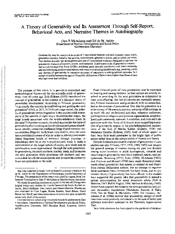 (PDF) A theory of generativity and its assessment through self-report, behavioral acts, and ...