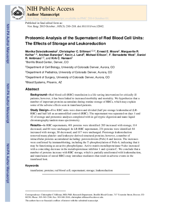 (PDF) Proteomic analysis of the supernatant of red blood cell units ...