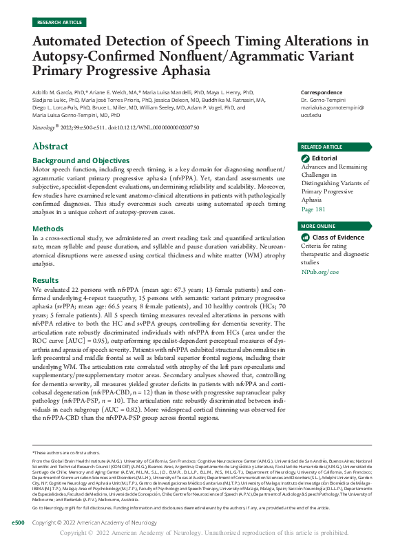 (PDF) Automated Detection of Speech Timing Alterations in Autopsy-Confirmed Nonfluent/Agrammatic ...