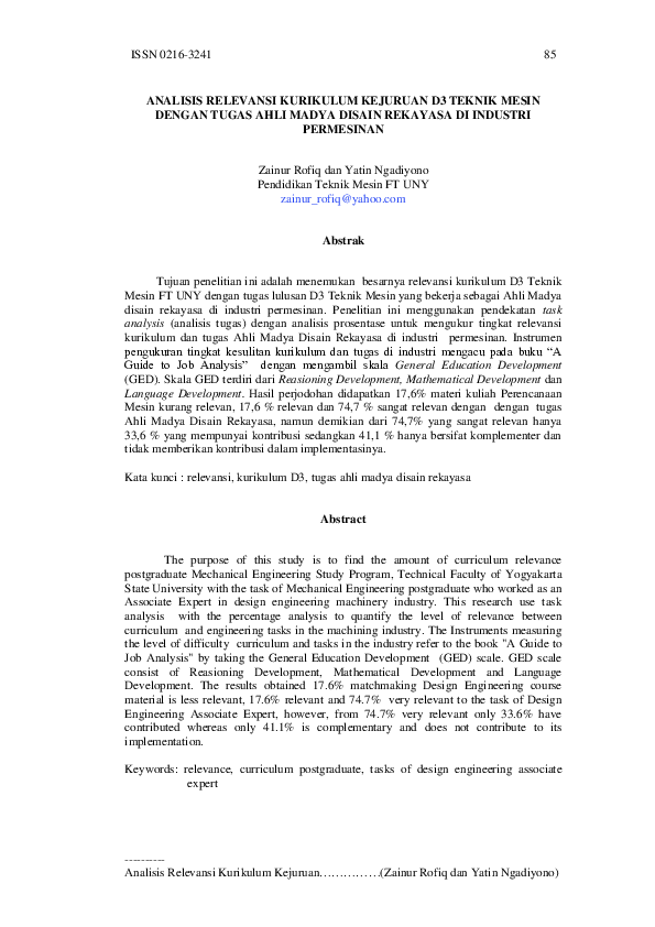 (PDF) Analisis Relevansi Kurikulum Kejuruan D3 Teknik Mesin Dengan Tugas Ahli Madya Disain ...