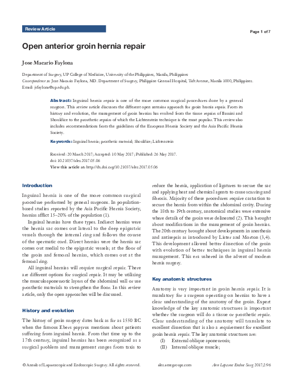 (PDF) Open anterior groin hernia repair | Jose Faylona - Academia.edu