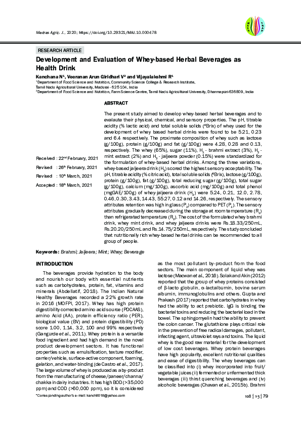 (PDF) Development and Evaluation of Whey-based Herbal Beverages as Health Drink