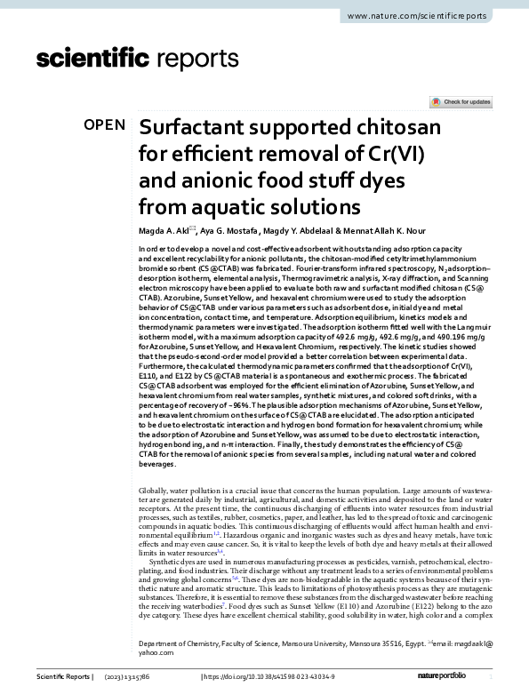 (PDF) Surfactant supported chitosan for efficient removal of Cr(VI) and anionic food stuff dyes ...