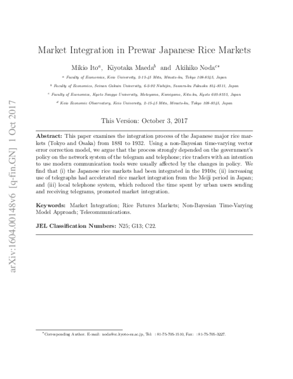 (PDF) Market Integration in the Prewar Japanese Rice Markets