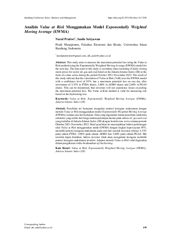 (PDF) Analisis Value at Risk Menggunakan Model Exponentially Weighted Moving Average (EWMA)