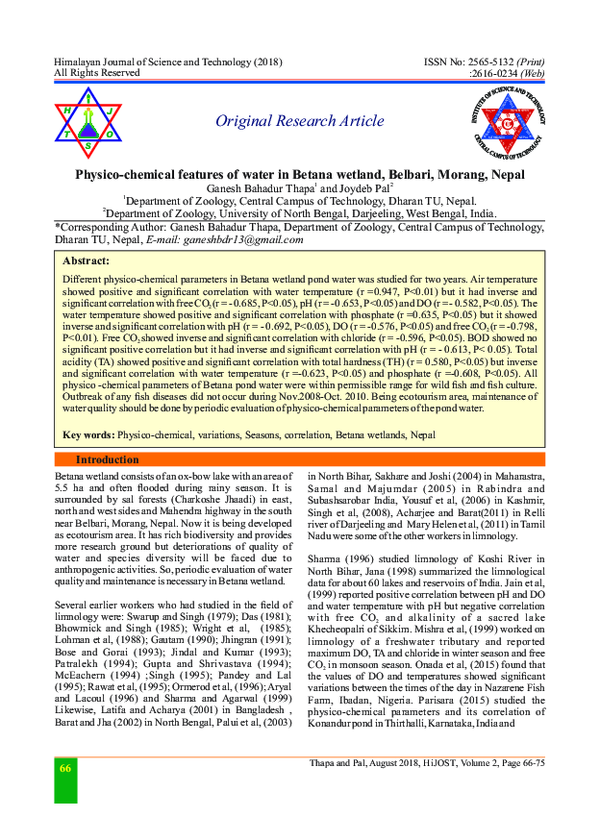 (PDF) Physico-chemical features of water in Betana wetland, Belbari ...