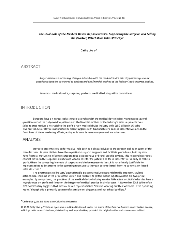 (PDF) The Dual Role of the Medical Device Representative: Supporting ...