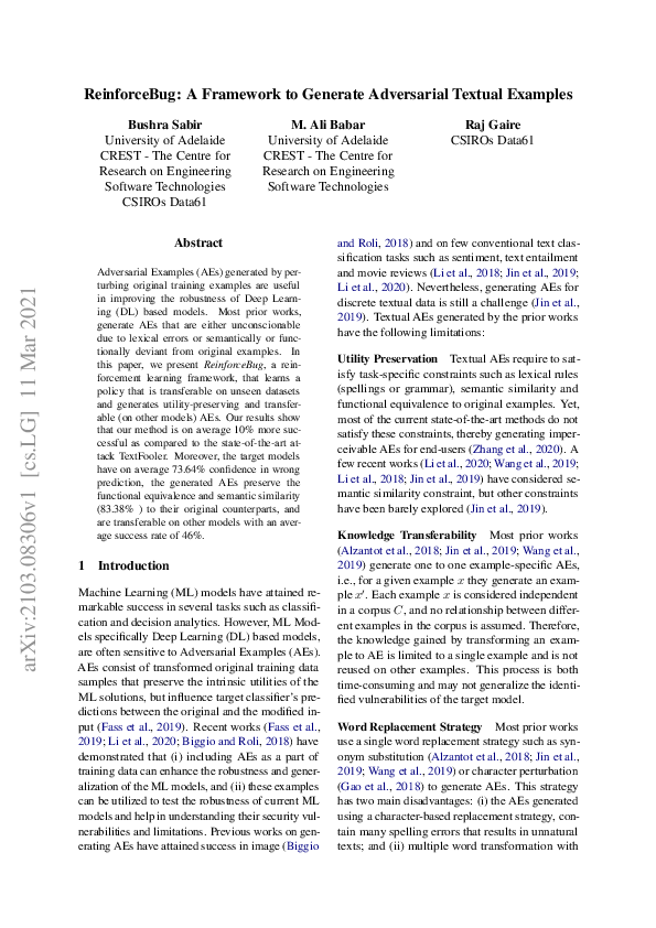 (PDF) ReinforceBug: A Framework to Generate Adversarial Textual Examples