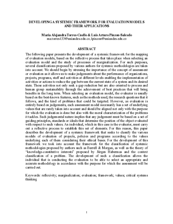 (PDF) Developing a Systemic Framework for Evaluation Models and their Applications