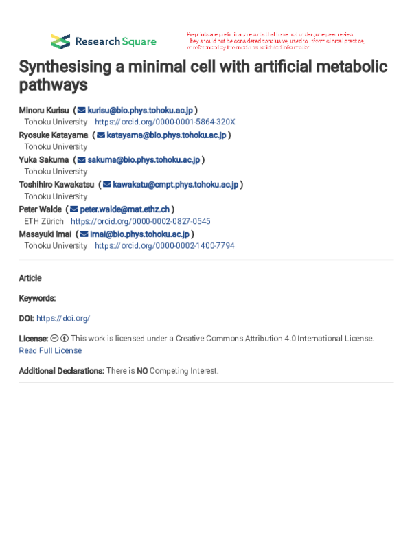 (PDF) Synthesising a minimal cell with artificial metabolic pathways