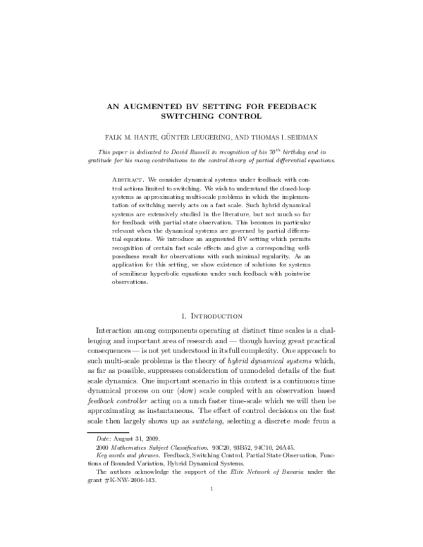 (PDF) An augmented BV setting for feedback switching control | Thomas Seidman - Academia.edu