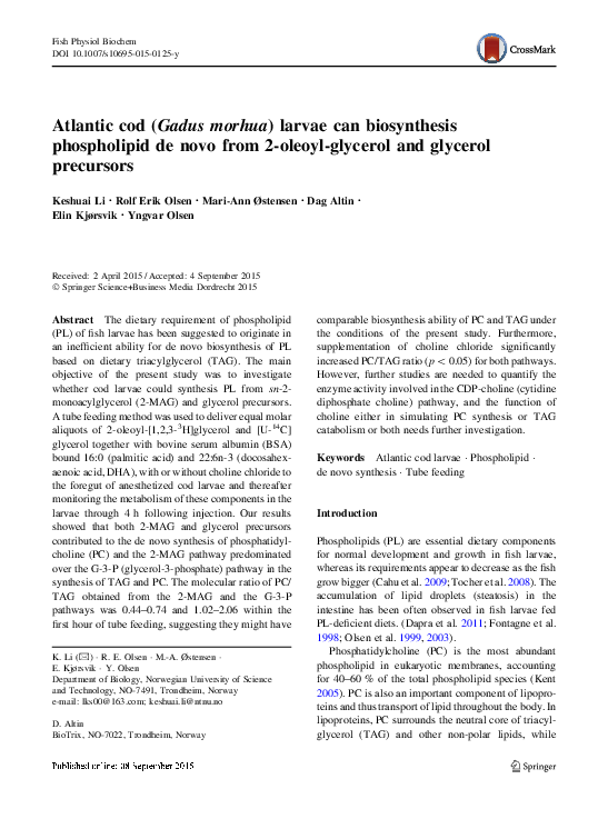 (PDF) Atlantic cod (Gadus morhua) larvae can biosynthesis phospholipid ...