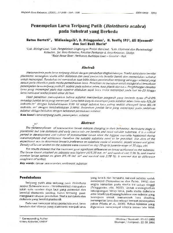 (PDF) Penempelan Larva Teripang Putih (Holothuria scabra) pada Substrat ...