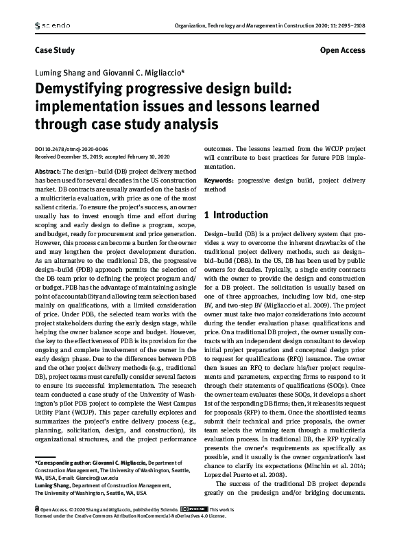 (PDF) Demystifying progressive design build: implementation issues and lessons learned through ...