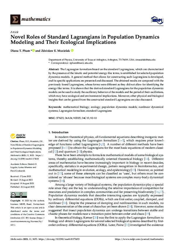 (PDF) Novel Roles of Standard Lagrangians in Population Dynamics Modeling and Their Ecological ...