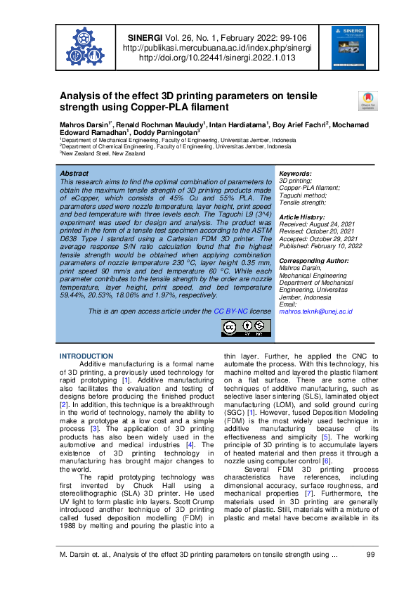(PDF) Analysis of the effect 3D printing parameters on tensile strength using Copper-PLA filament