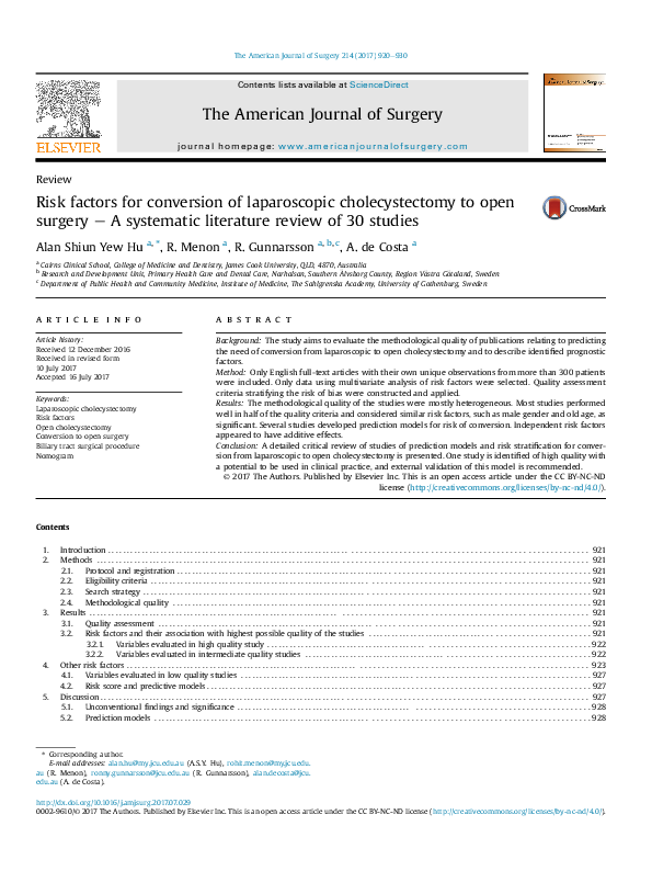 (PDF) Risk factors for conversion of laparoscopic cholecystectomy to open surgery – A systematic ...