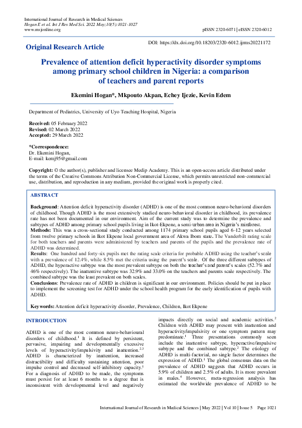 (PDF) Prevalence of attention deficit hyperactivity disorder symptoms among primary school ...