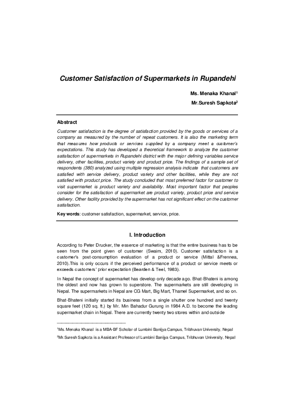(PDF) Customer Satisfaction of Supermarkets in Rupandehi